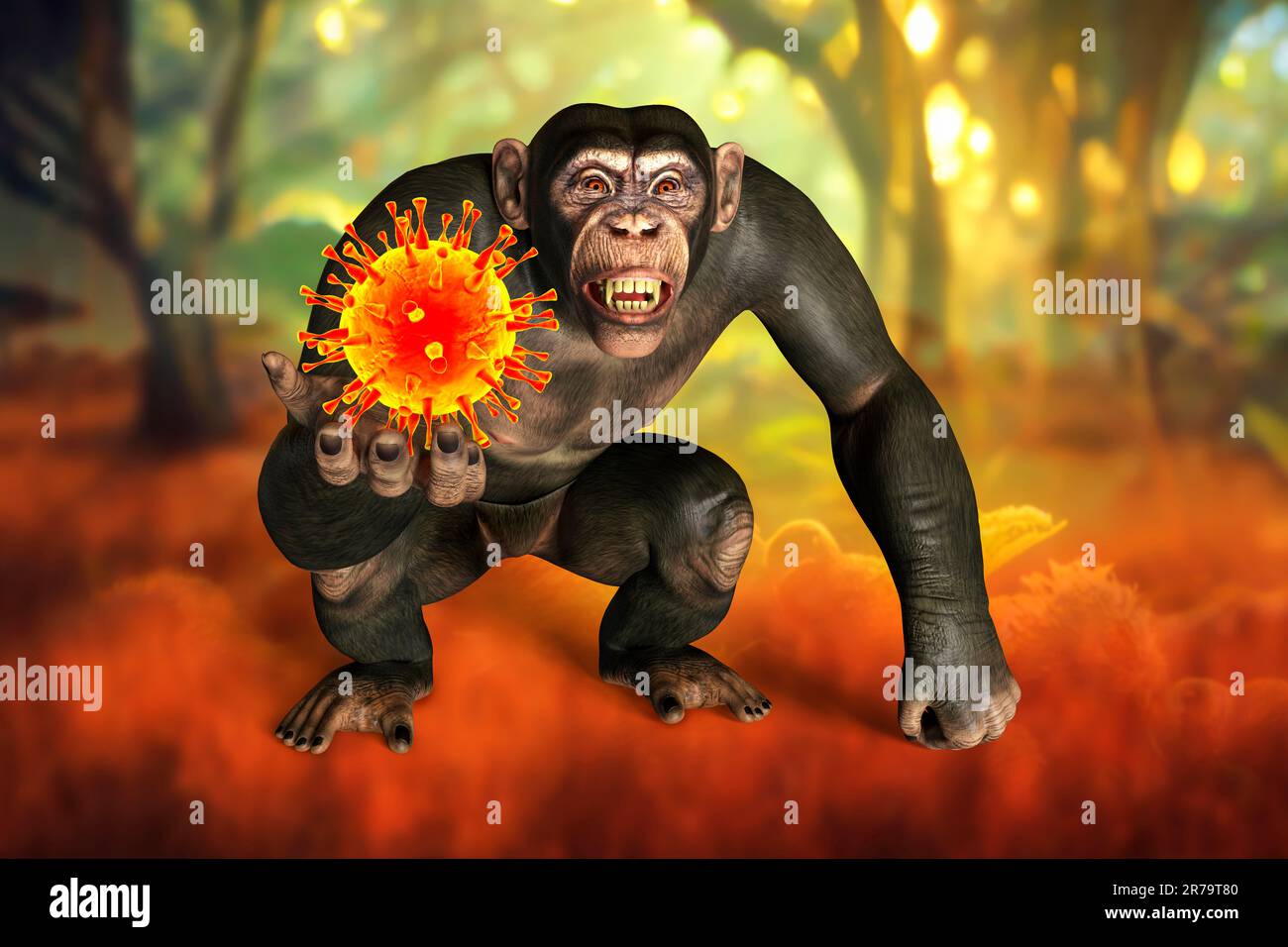 Monkey holding a virus, conceptual 3D illustration. Transmission of ...