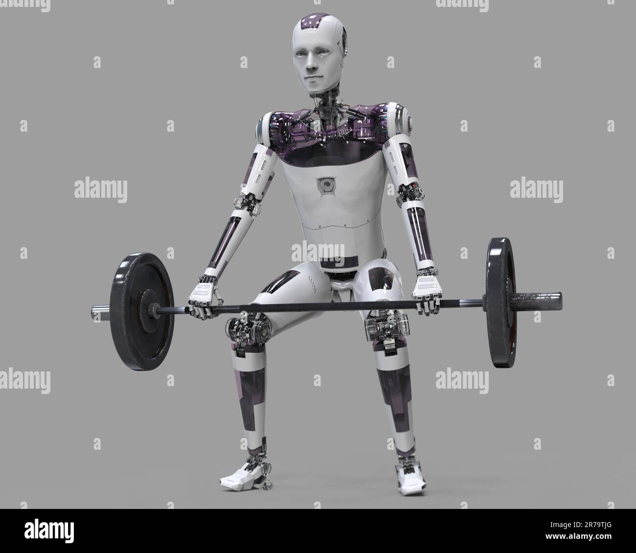 Robot lifting heavy barbell, 3D illustration. Weight lifting robots ...