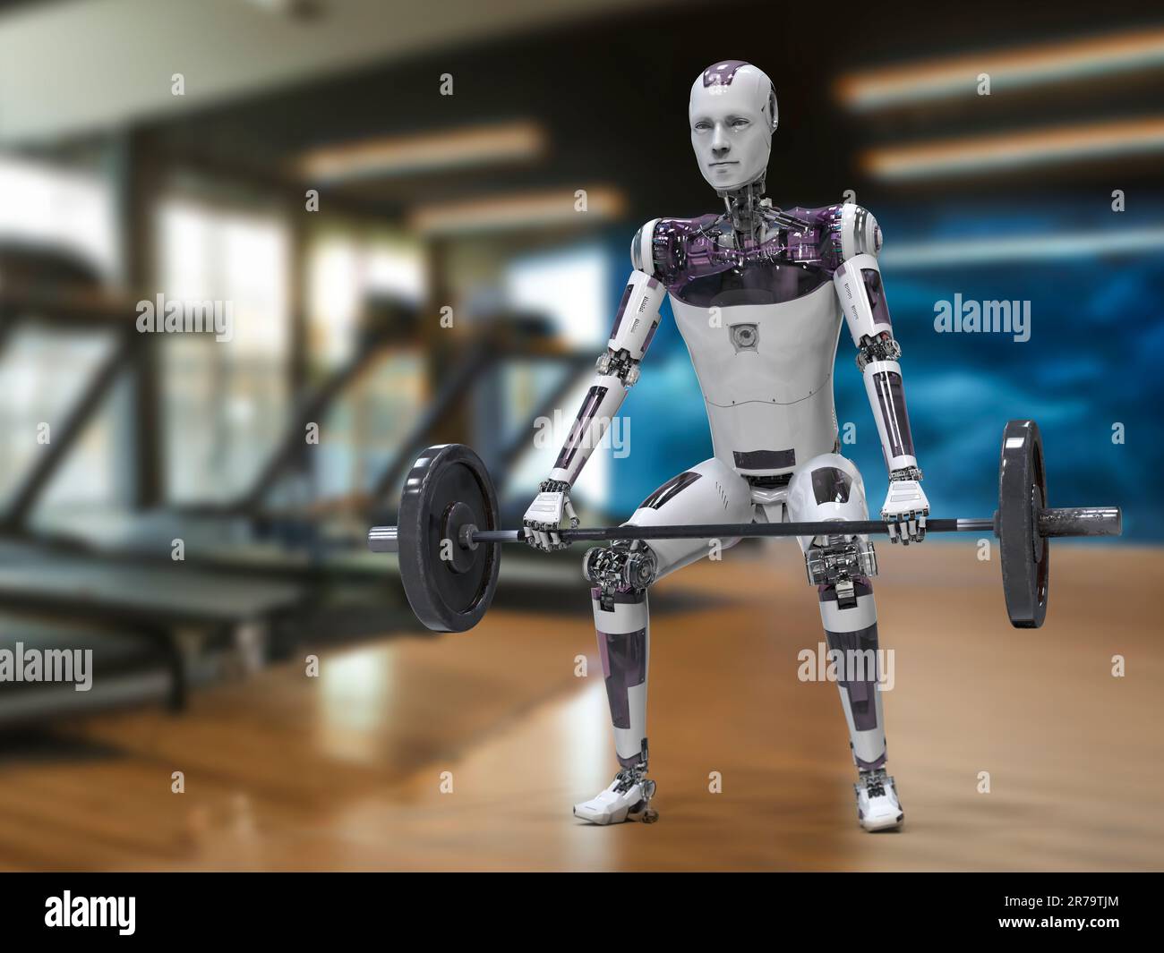 Robot lifting heavy barbell, 3D illustration. Weight lifting robots ...