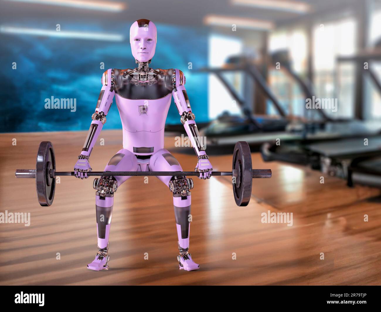 Robot lifting heavy barbell, 3D illustration. Weight lifting robots ...