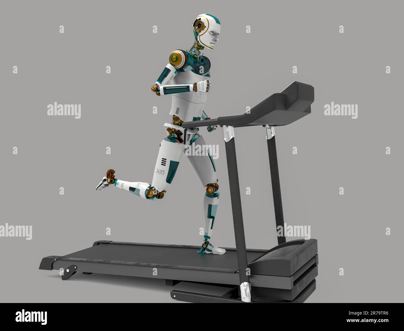 Humanoid robot running on a treadmill, 3D illustration. Artificial intelligence in sport. Future ...