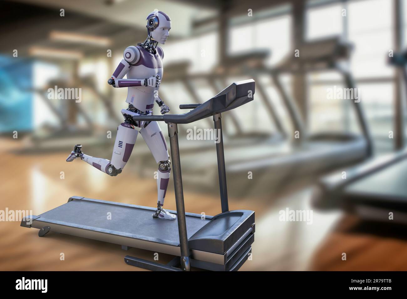Humanoid robot running on a treadmill, 3D illustration. Artificial ...