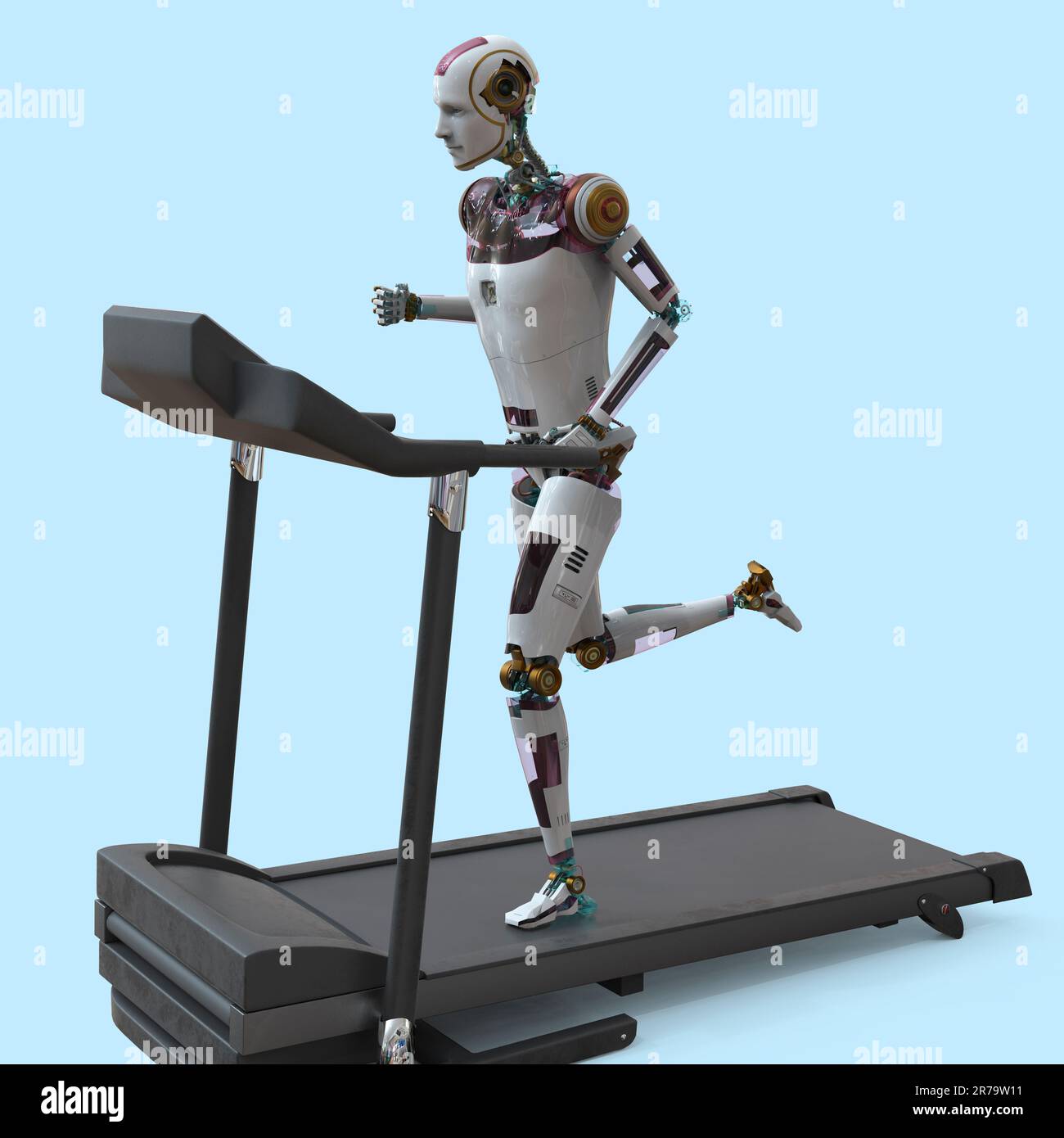 Humanoid robot running on a treadmill, 3D illustration. Artificial intelligence in sport. Future ...
