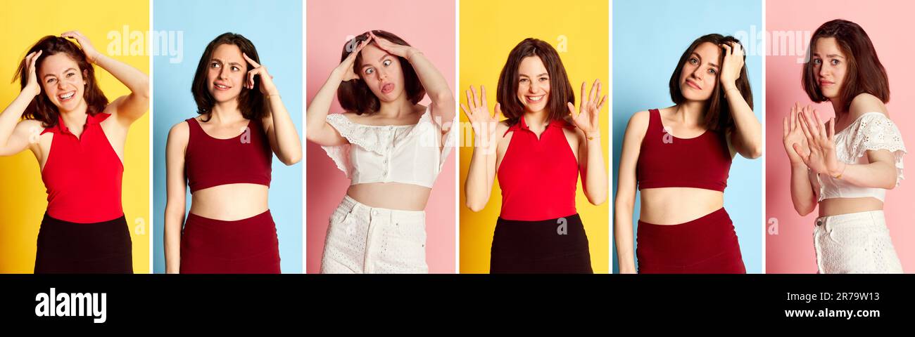 Collage. Portraits of young beautiful brunette girl posing with ...