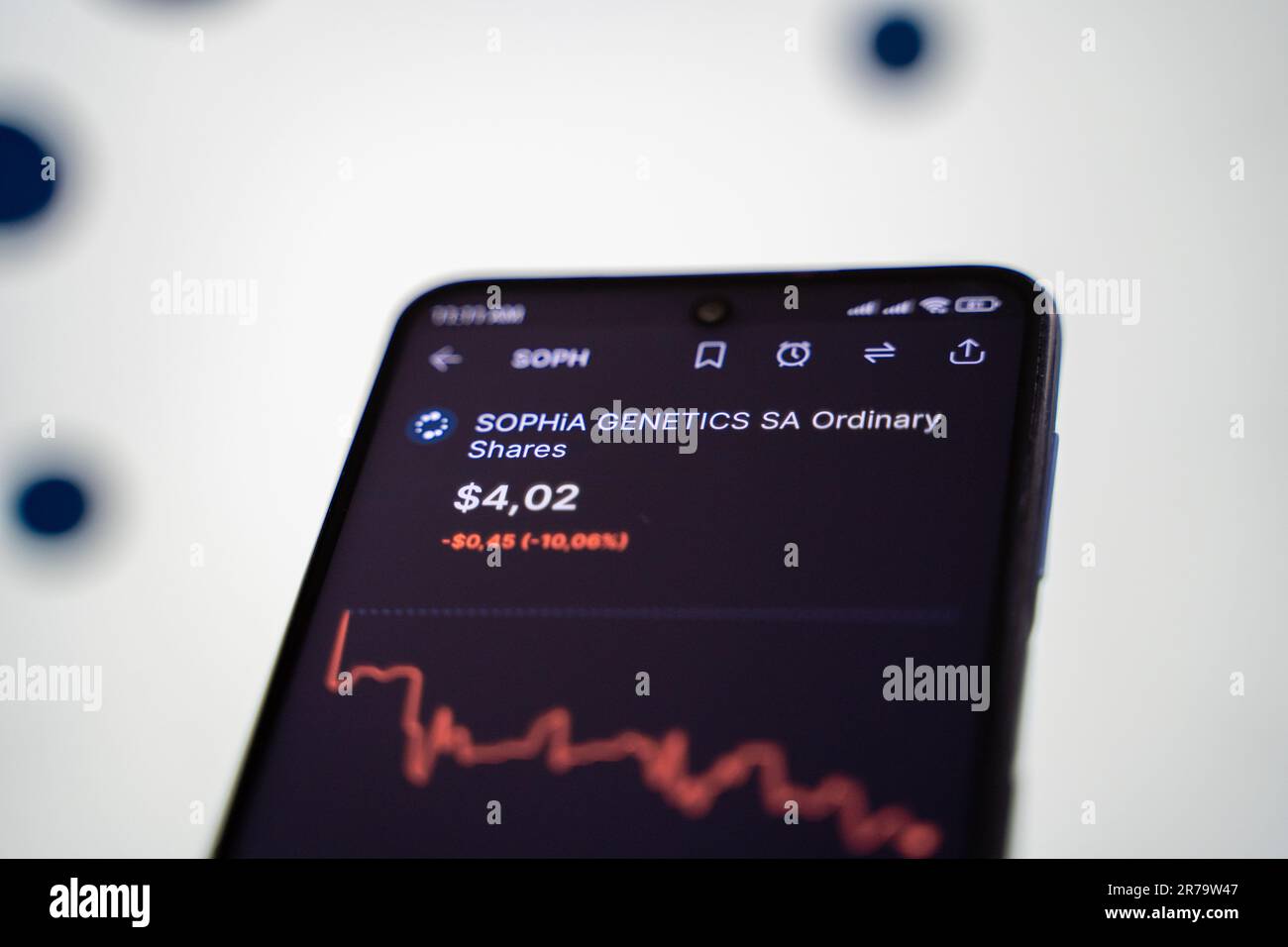 Stock market graph of Sophia Genetics company on smartphone screen ...