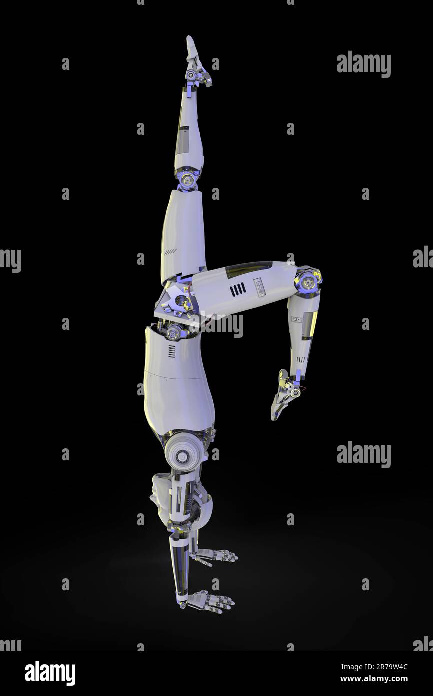 Humanoid robot in handstand yoga position, side view, 3D illustration ...