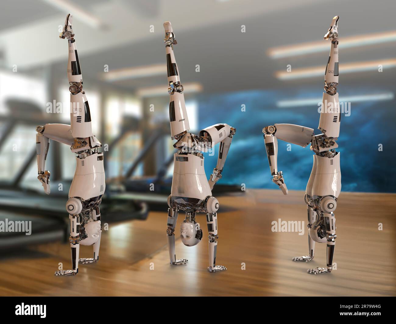 Three humanoid robots in handstand yoga position in a gym, 3D ...