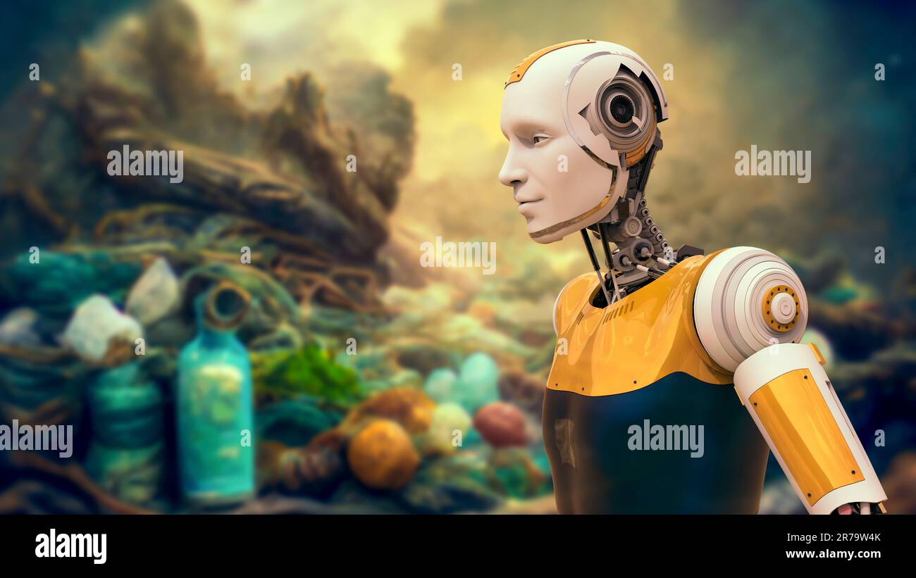 Futuristic humanoid robot on ecology pollution background, 3D ...