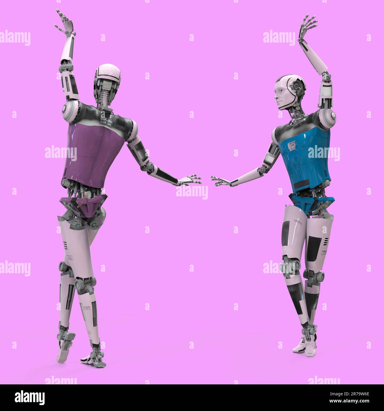 Robot ballet dancers, 3D illustration. Dancing humanoid robot. Android, humanoid, cyborg ...