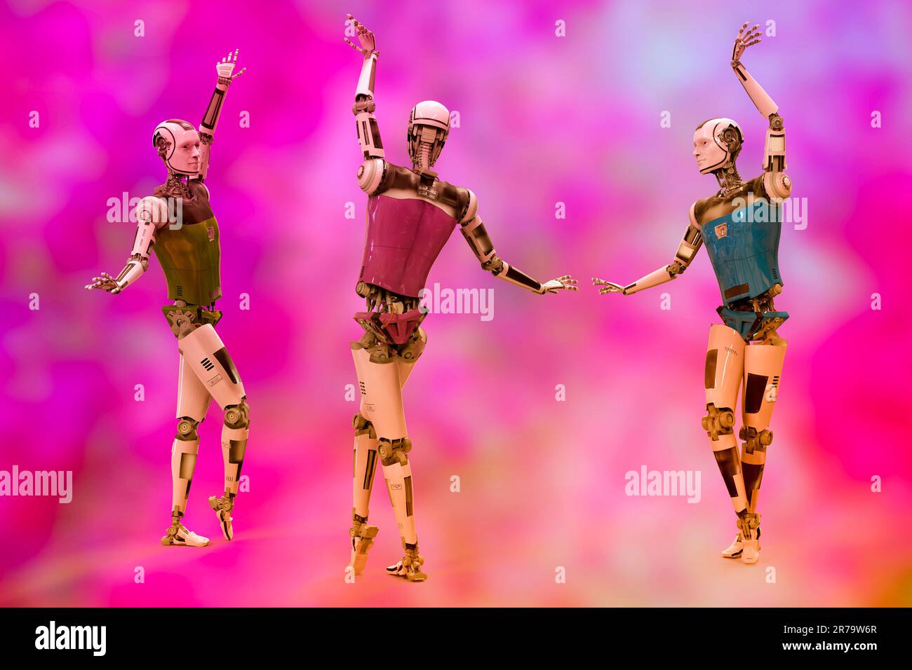 Robot ballet dancers, 3D illustration. Dancing humanoid robot. Android, humanoid, cyborg ...