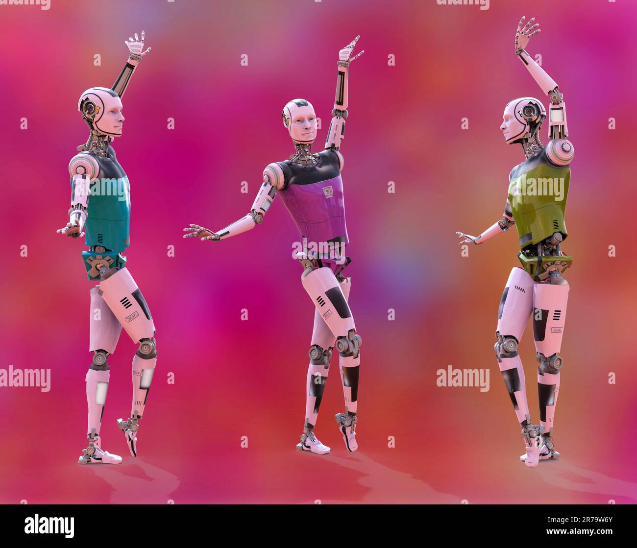 Robot ballet dancers, 3D illustration. Dancing humanoid robot. Android, humanoid, cyborg ...