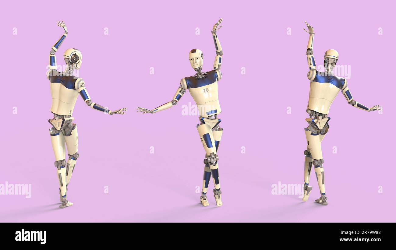 Robot ballet dancers, 3D illustration. Dancing humanoid robot. Android, humanoid, cyborg ...