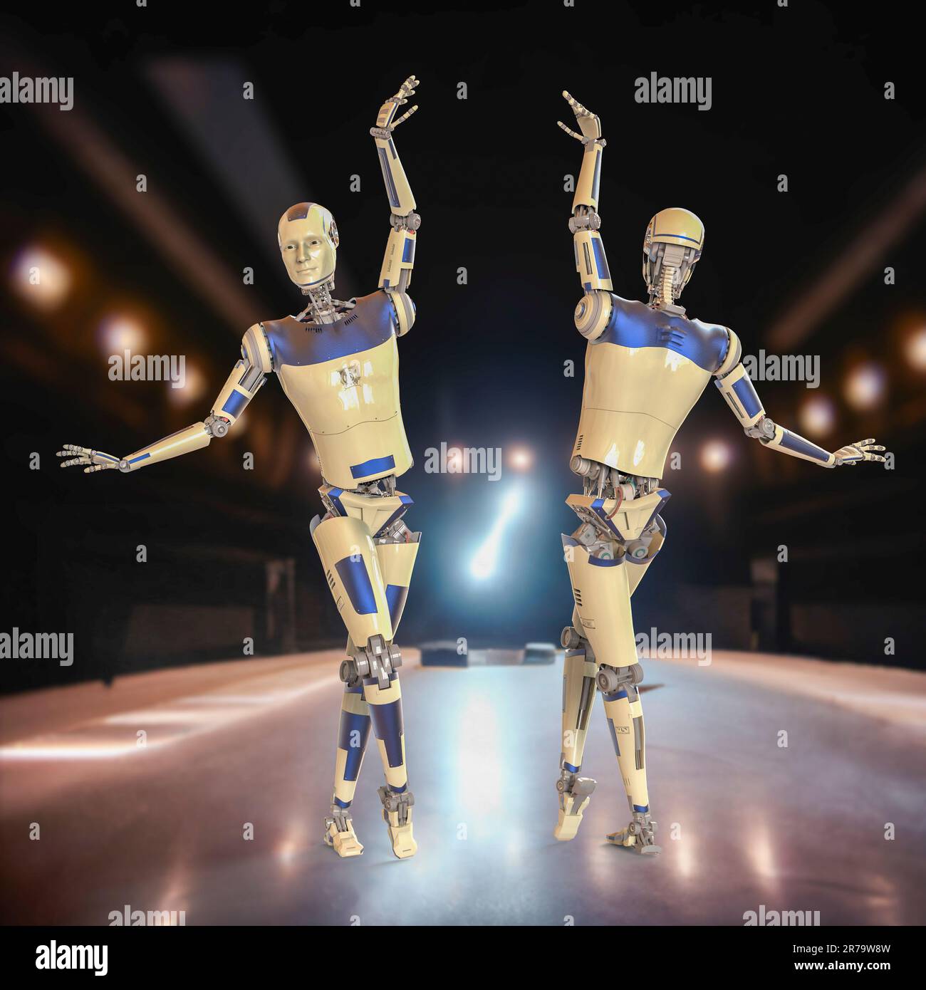Robot ballet dancers, 3D illustration. Dancing humanoid robot. Android, humanoid, cyborg ...