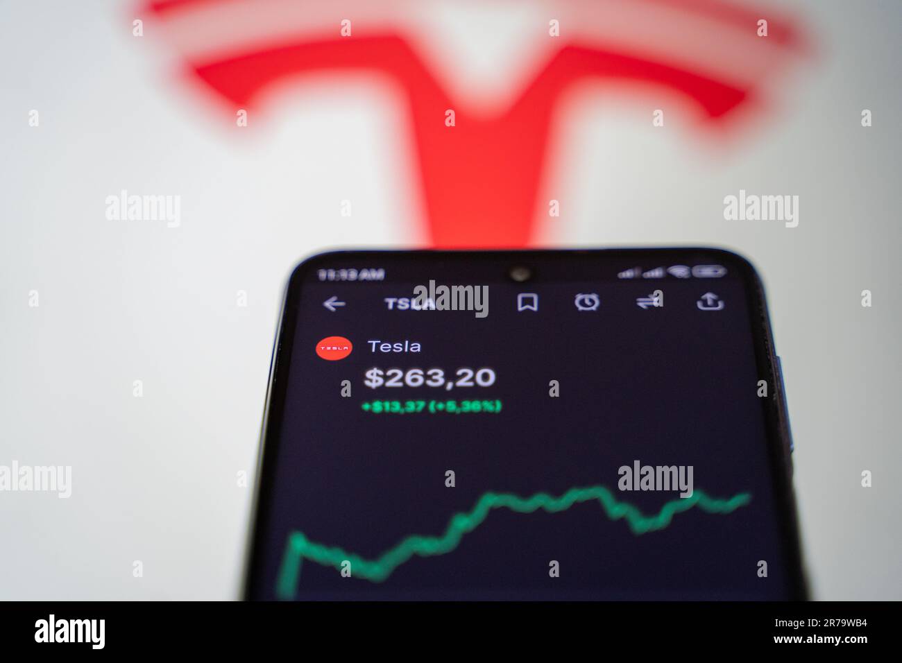 Stock market graph of Tesla company on smartphone screen. Tesla, Inc ...
