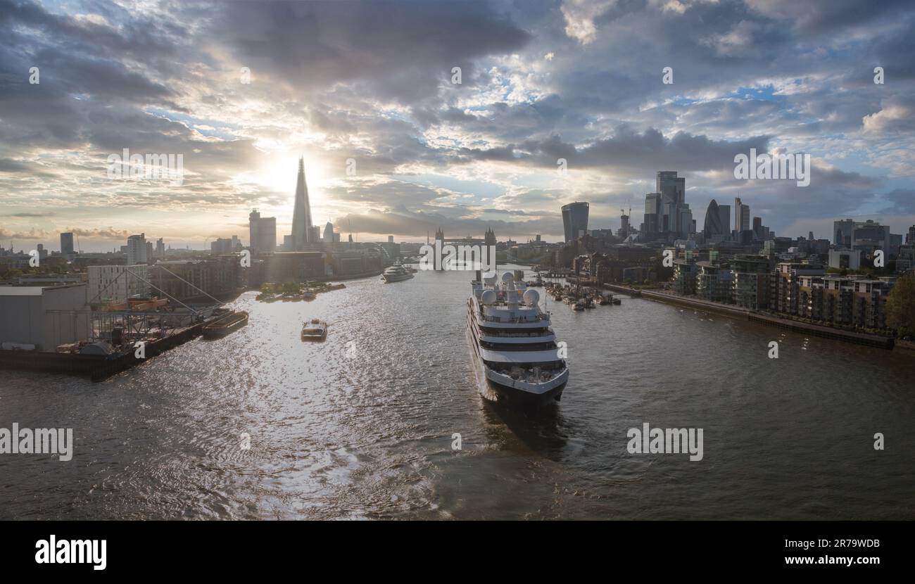 Large cruise ship going through London under the Tower Bridge Stock ...