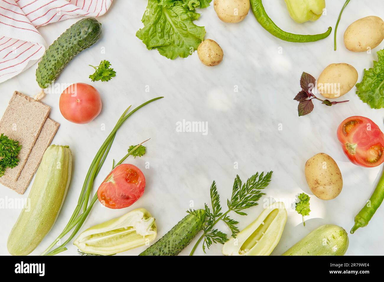 Rustic food background. Harvesting organic vegetables and greens flat ...