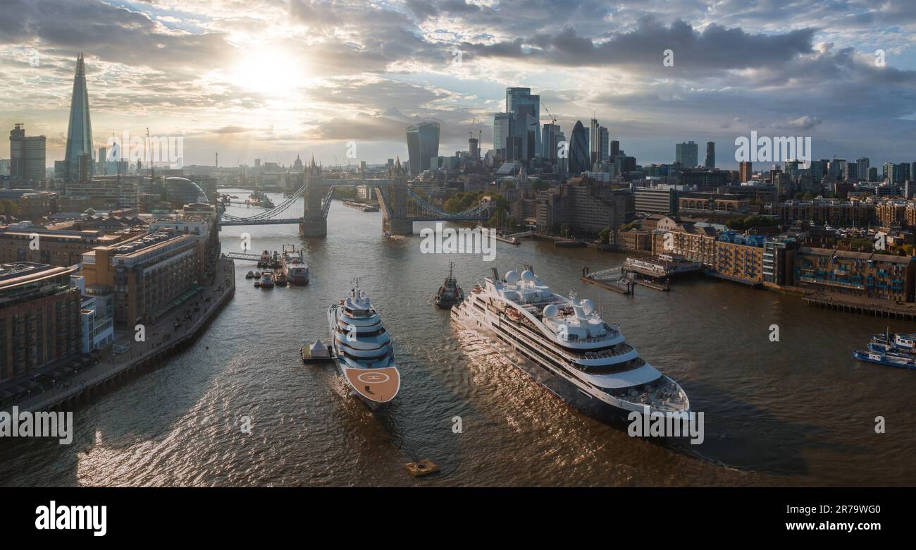 Large cruise ship going through London under the Tower Bridge Stock ...