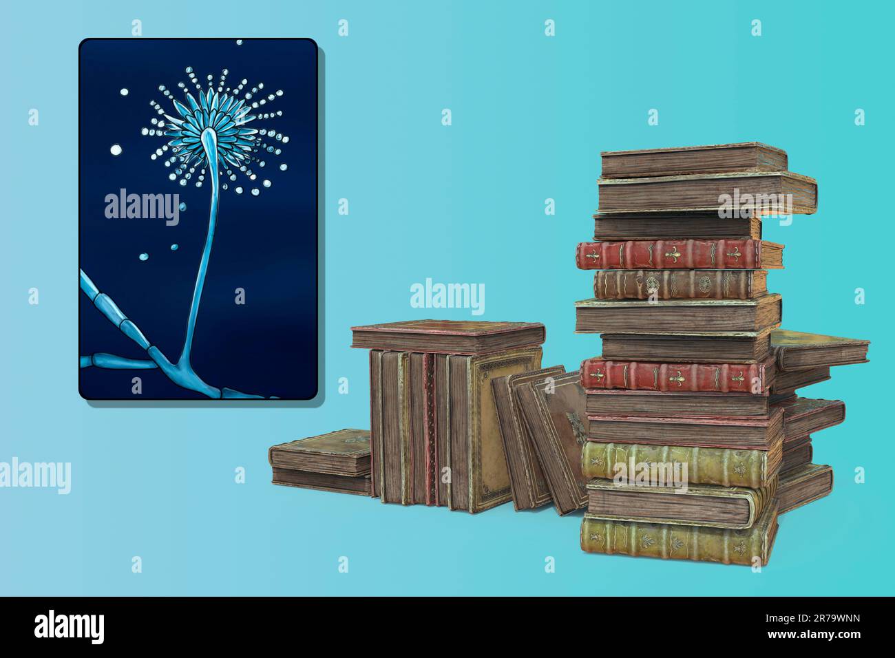 Mold in old books, conceptual 3D illustration. Antique books and close ...