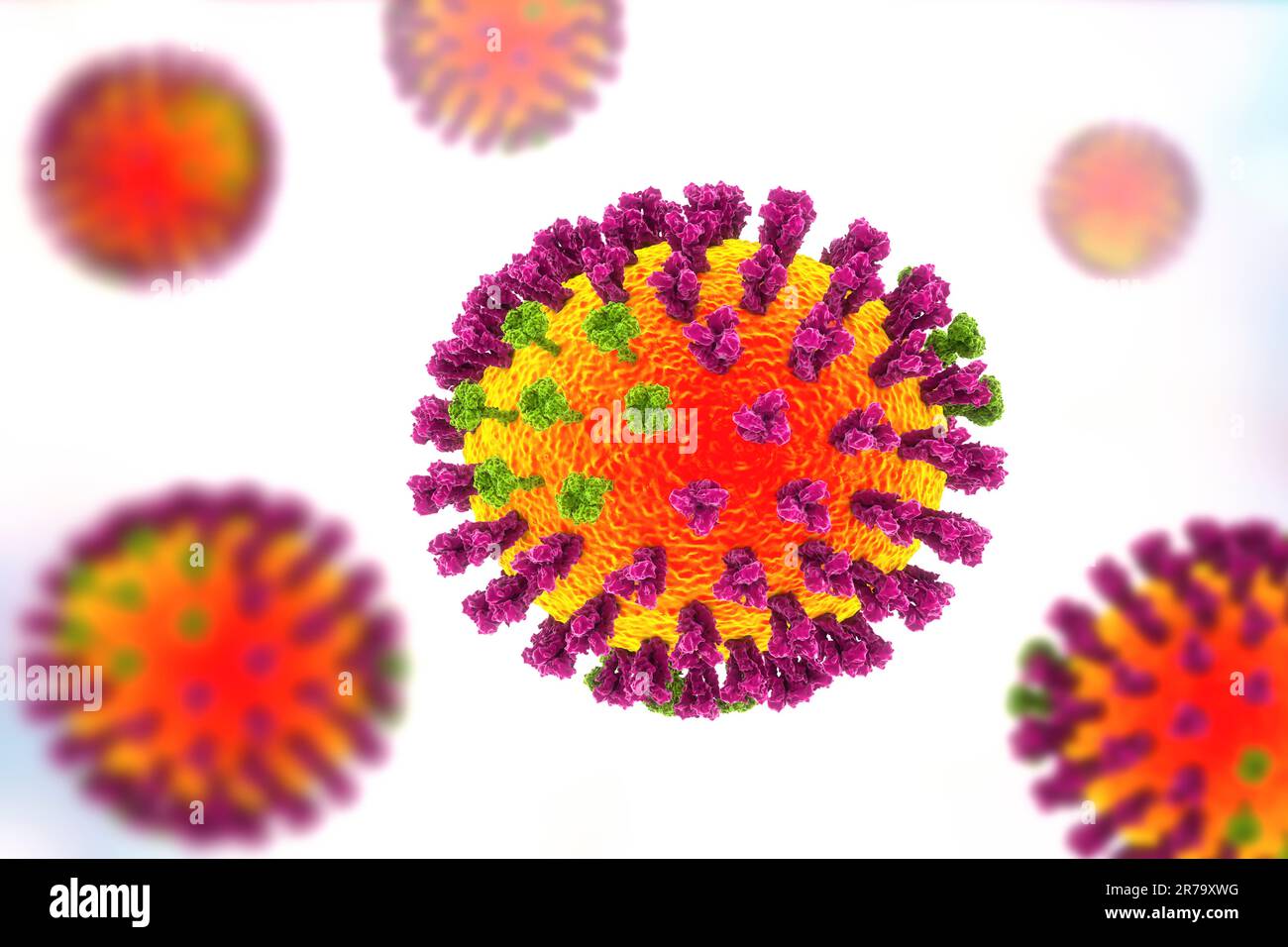 Influenza viruses. 3D illustration showing surface glycoprotein spikes ...