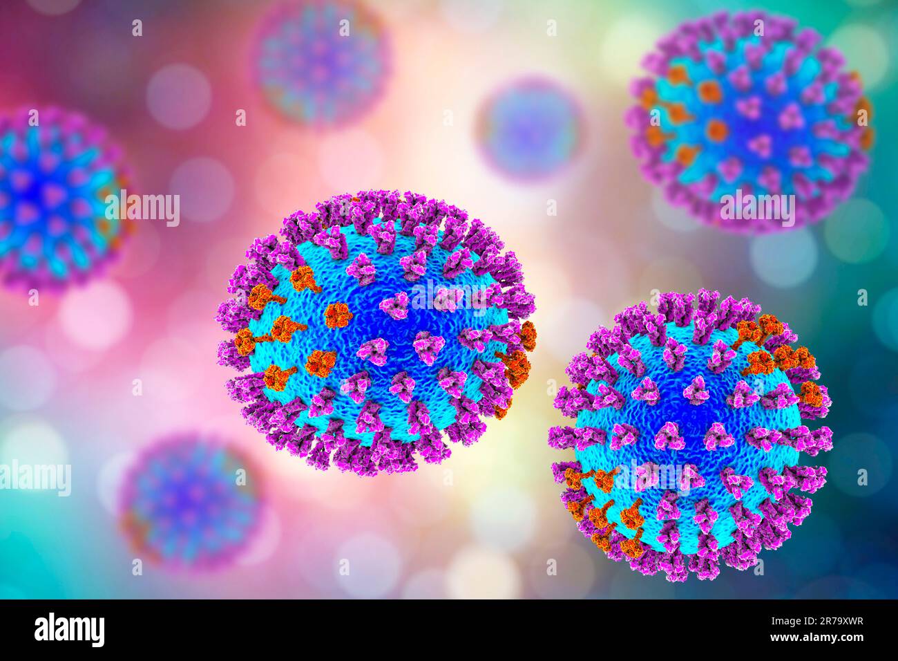 Influenza virus. 3D illustration showing surface glycoprotein spikes ...
