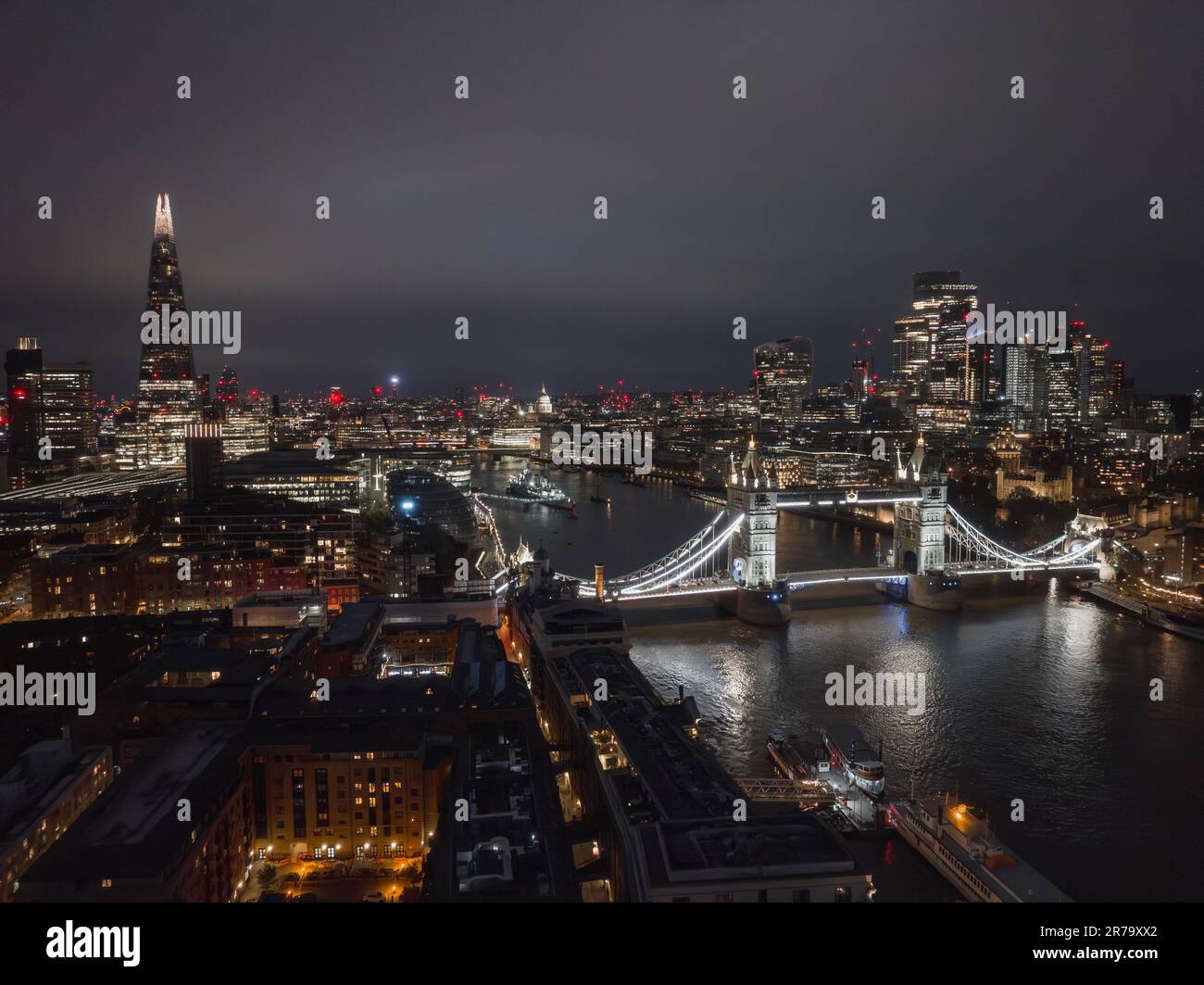 Aerial night view of the Tower Bridge in London Stock Photo - Alamy