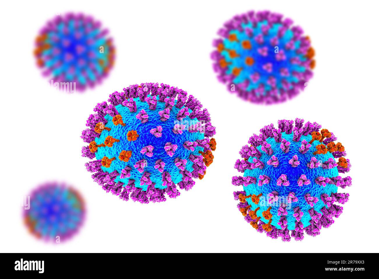 Influenza virus. 3D illustration showing surface glycoprotein spikes ...