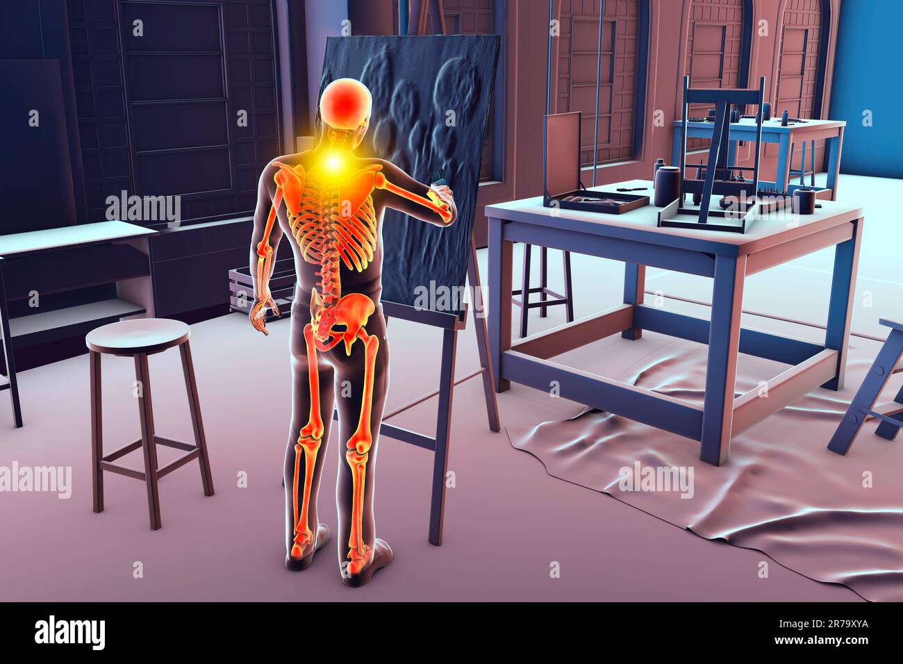 Professional musculoskeletal disorders in artists. Man artist with ...