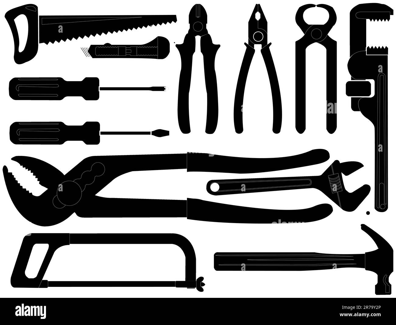hand tools black silhouettes over white background, abstract vector art ...
