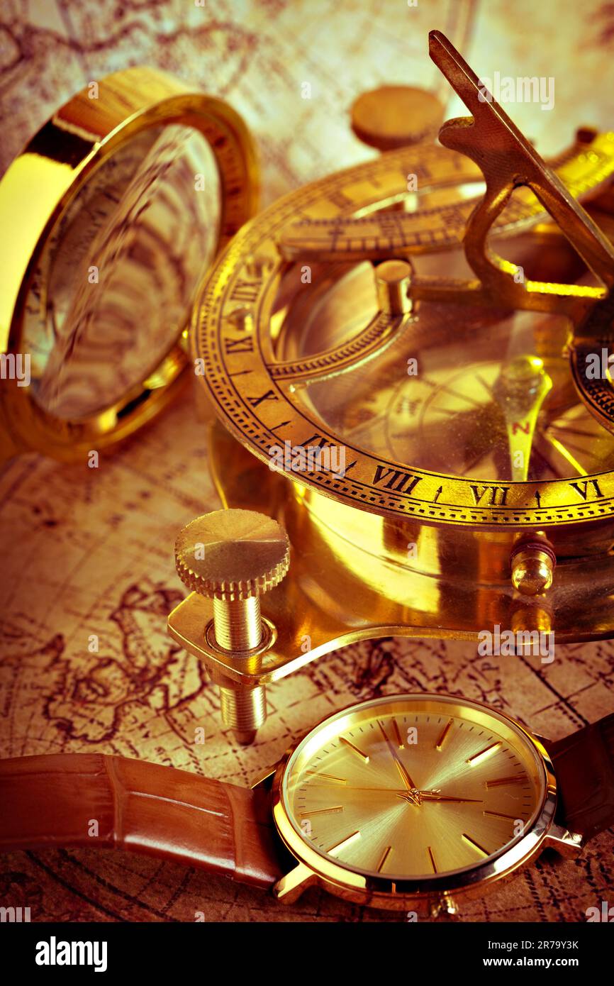 Old vintage compass and travel instruments on ancient map Stock Photo ...