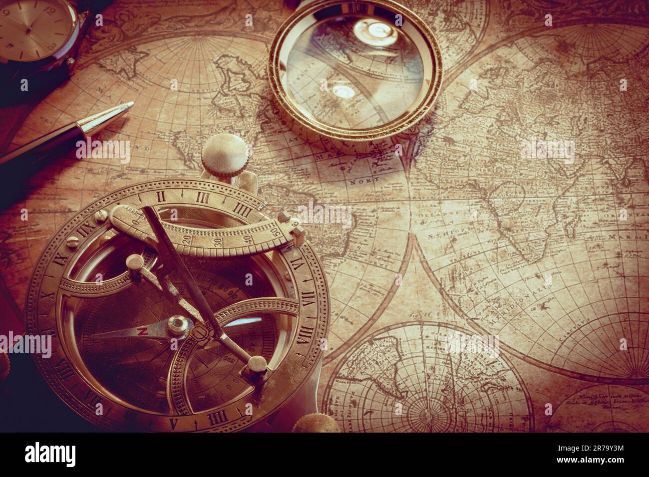 Old vintage compass and travel instruments on ancient map Stock Photo ...