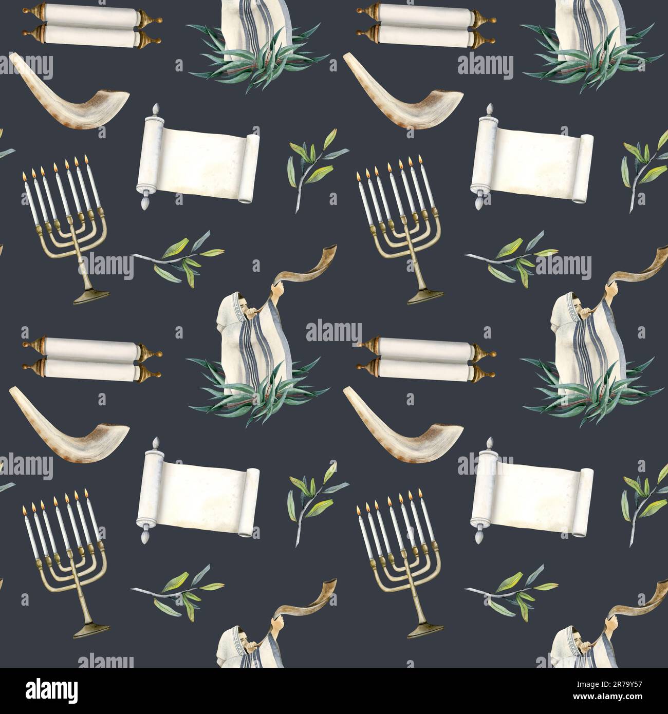 Dark Blue Yom Kippur Watercolor Seamless Pattern With Menorah Candles
