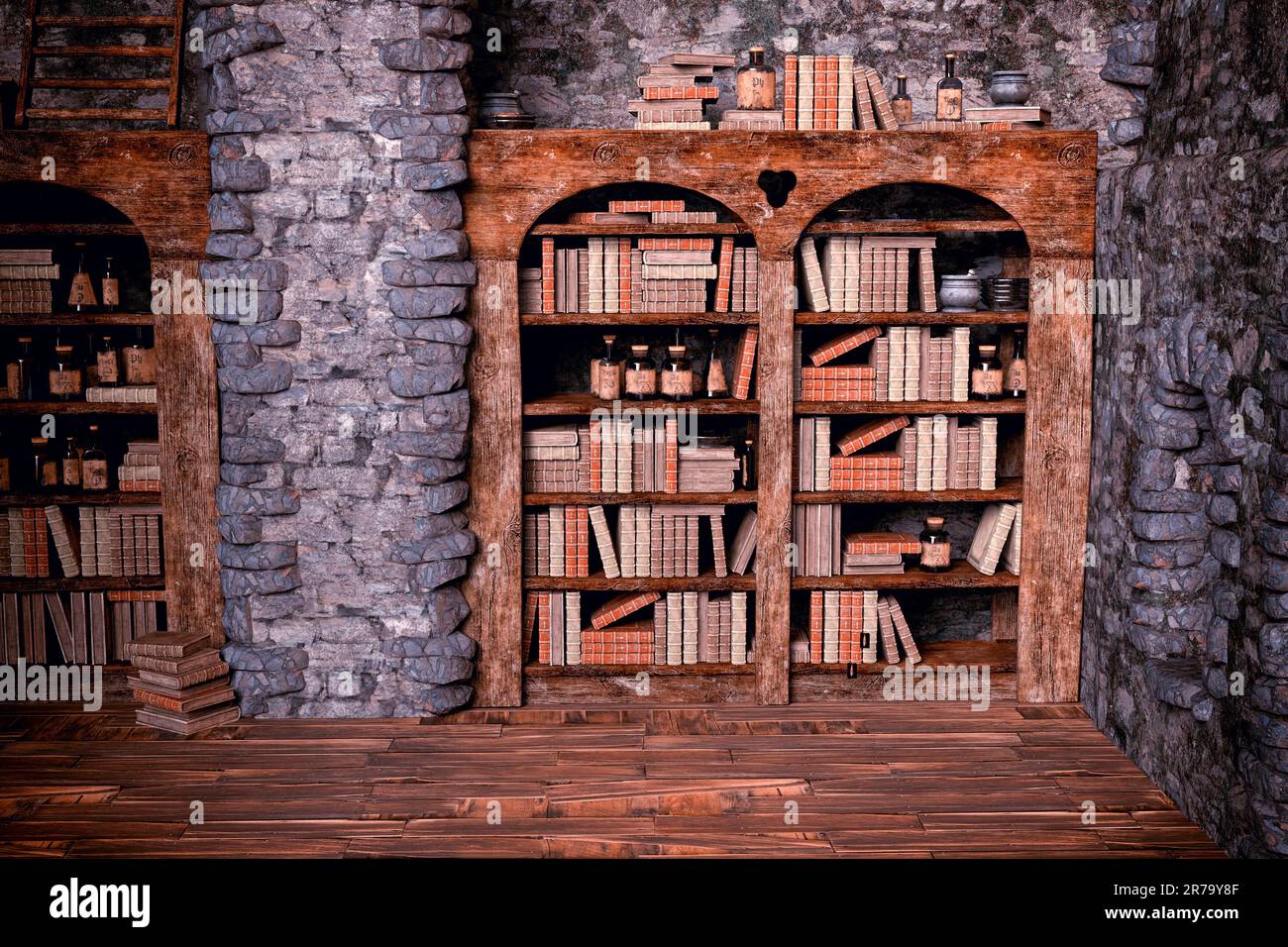 Antique books in a bookcase in an old house, 3D illustration. Antique ...