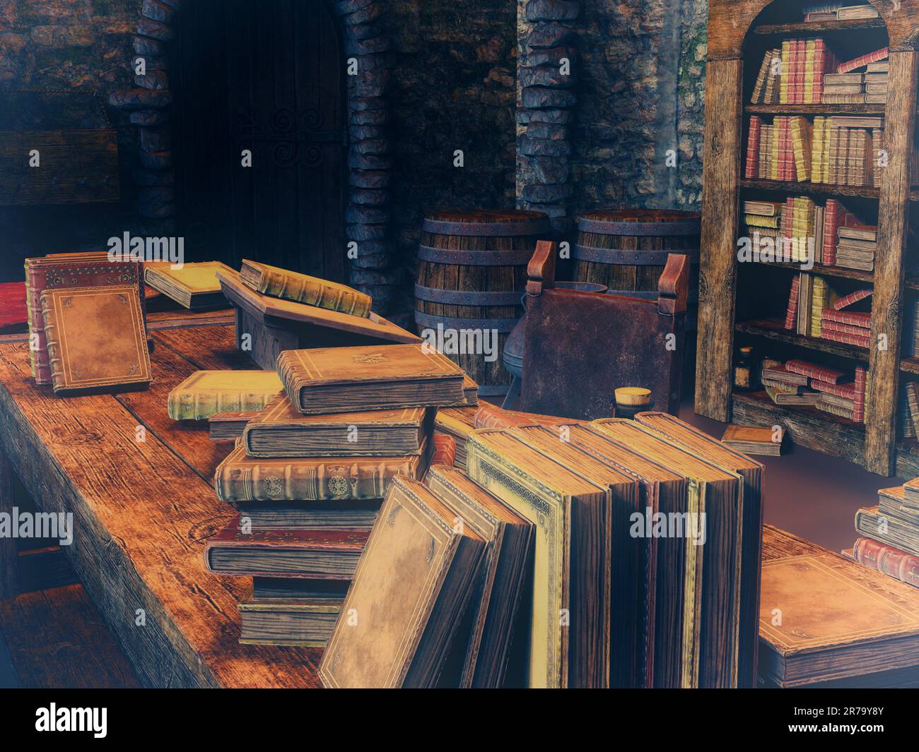 Antique books on a table and bookcase in an old house, 3D illustration ...