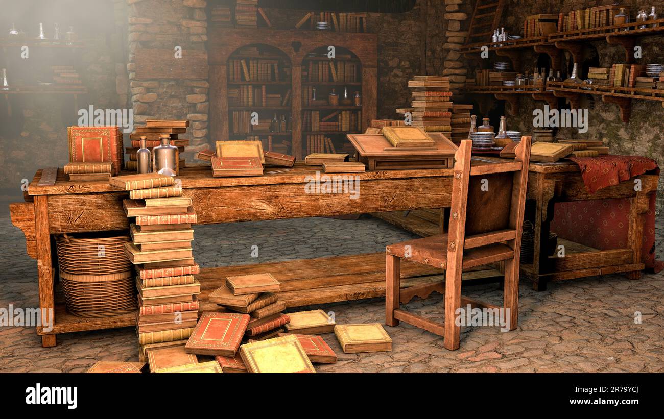 Antique books in an old house, 3D illustration. Antique library ...