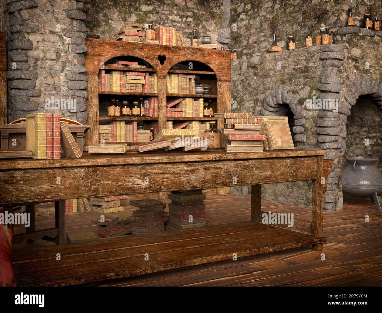 Antique books on a table and in a bookcase in an old house, 3D ...