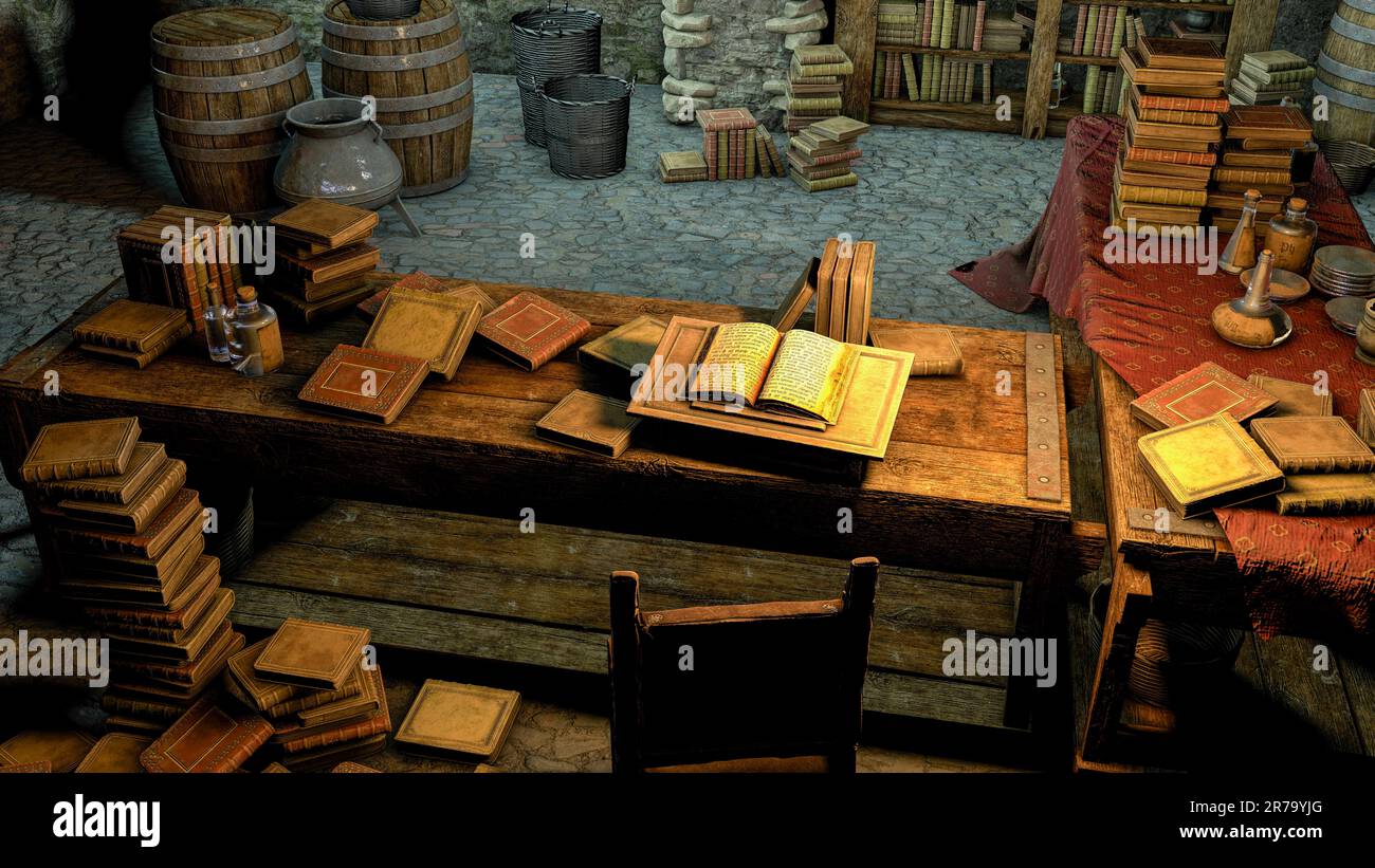 Antique books in an old house, 3D illustration. Antique library ...