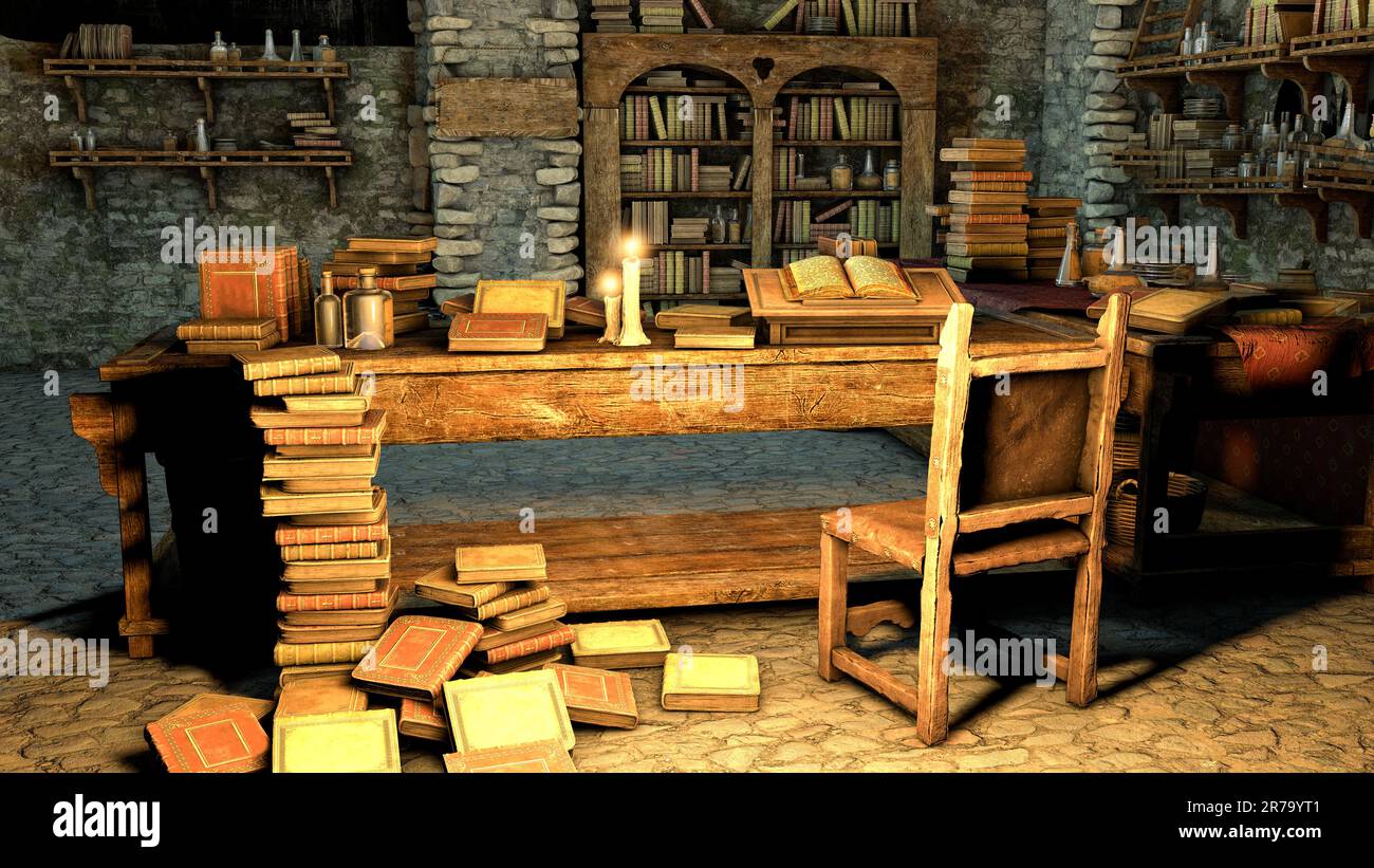Antique books in an old house, 3D illustration. Antique library ...