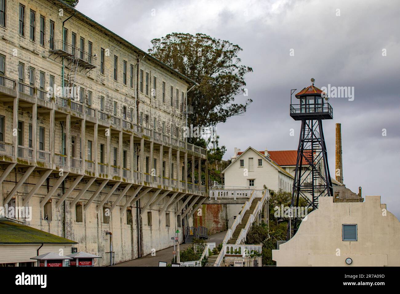 Barracks and metal watchtower of the federal prison on Alcatraz Island ...
