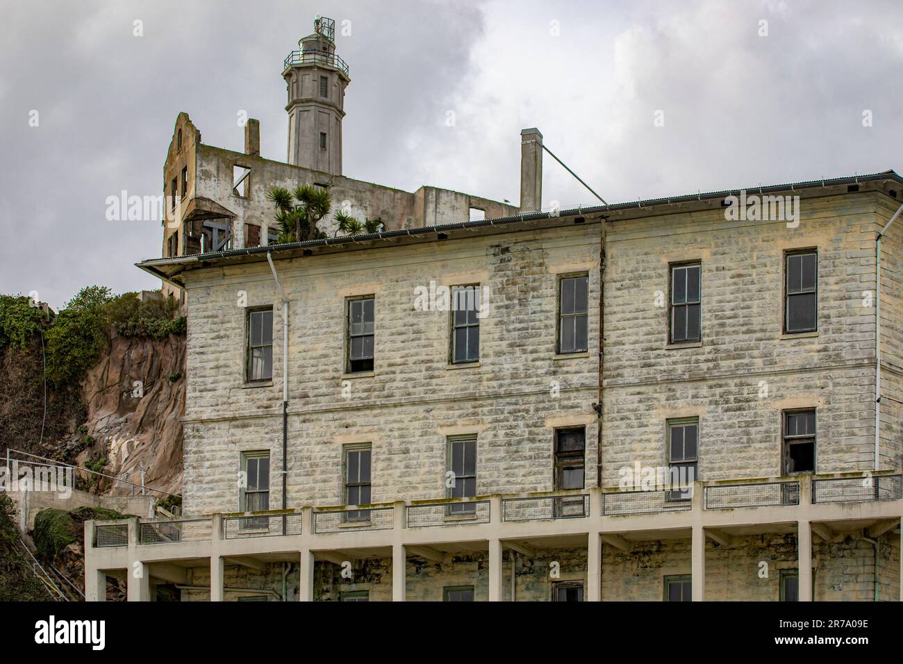 Barracks and lighthouse of the federal prison of Alcatraz Island of the ...