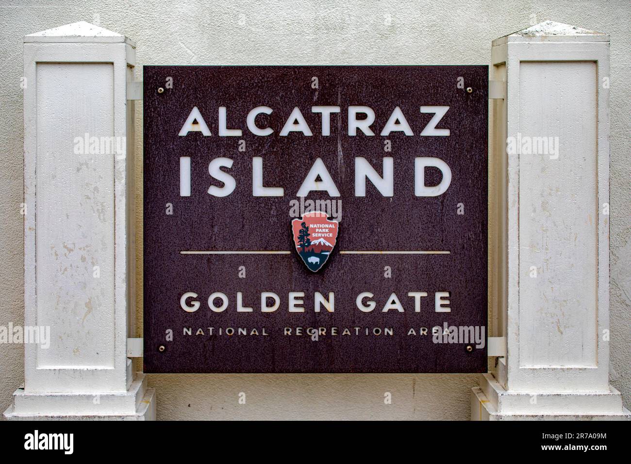 Welcome sign of the federal prison of Alcatraz Island of the United ...