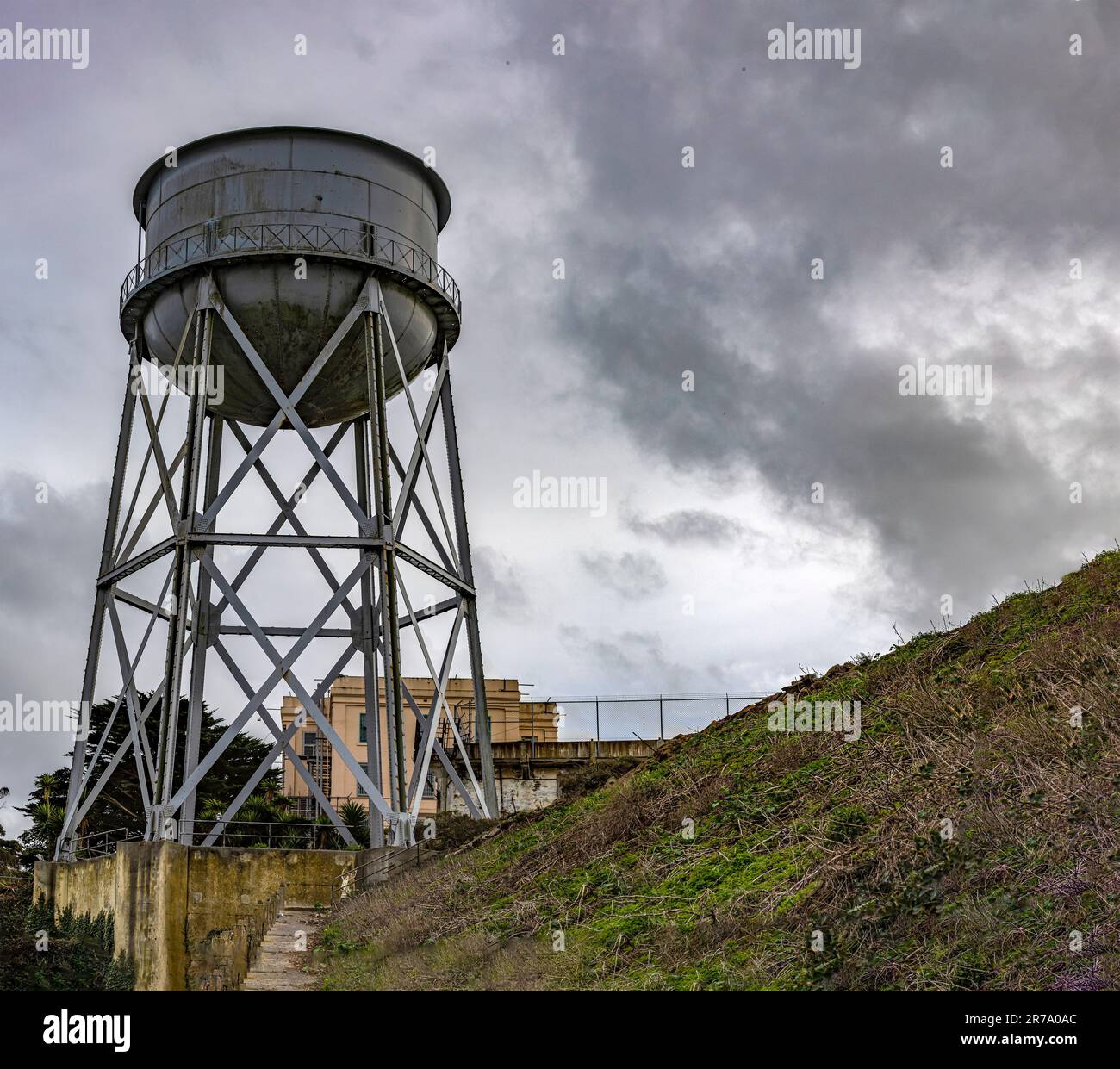 Water tower that supplies the federal prison on Alcatraz Island of the ...