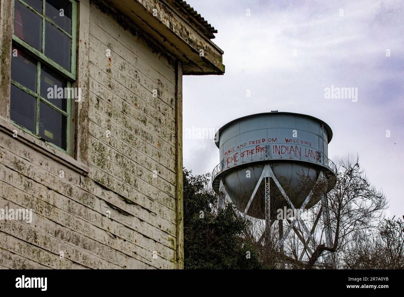 Water tower and barracks of the federal prison on Alcatraz Island of ...