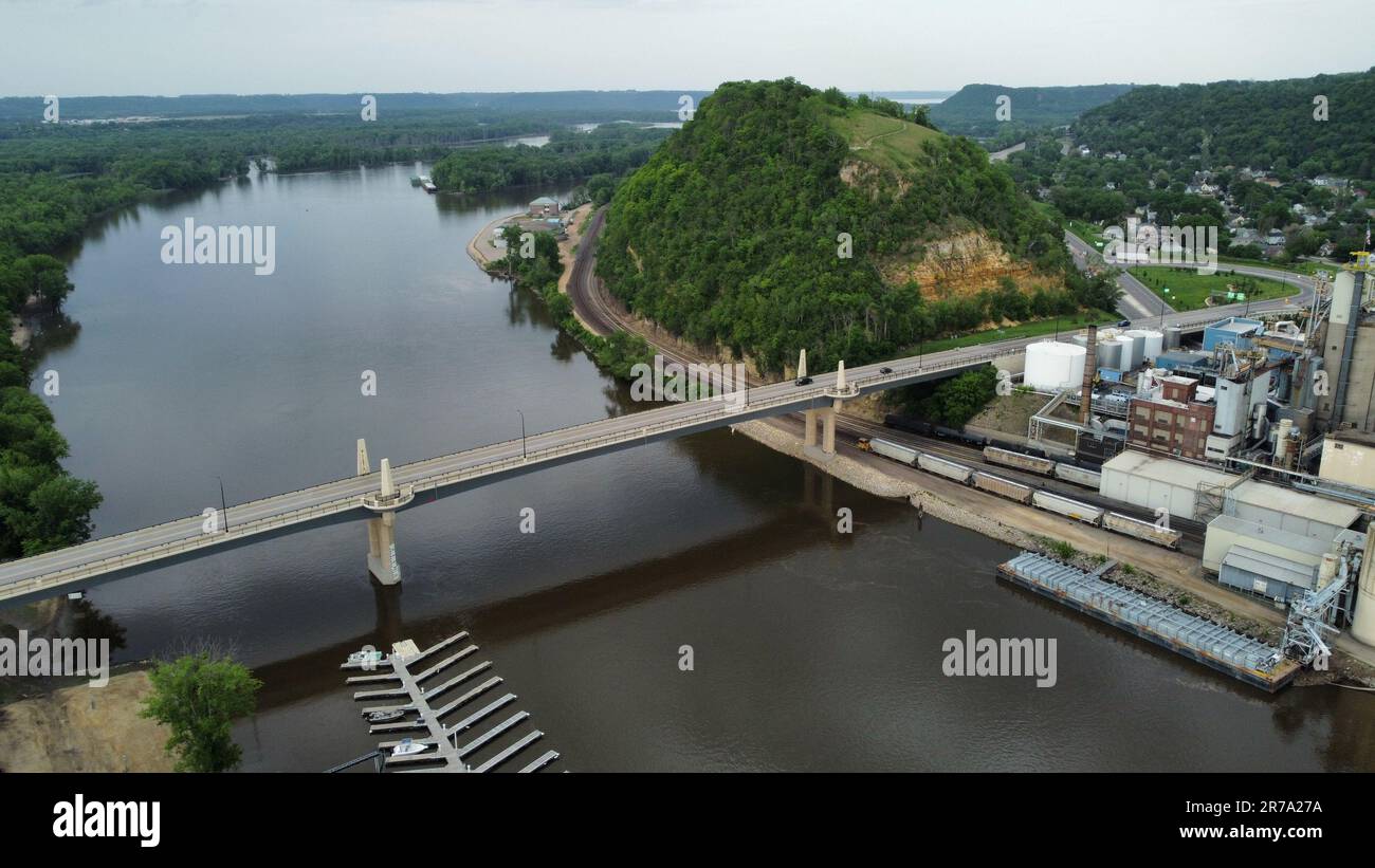 An aerial view of Barns Bluff overlooking the Mississippi River in the ...