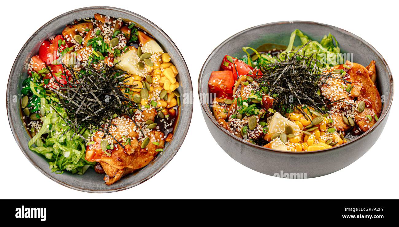 Isolated fried chicken poke bowl with vegetables Stock Photo - Alamy
