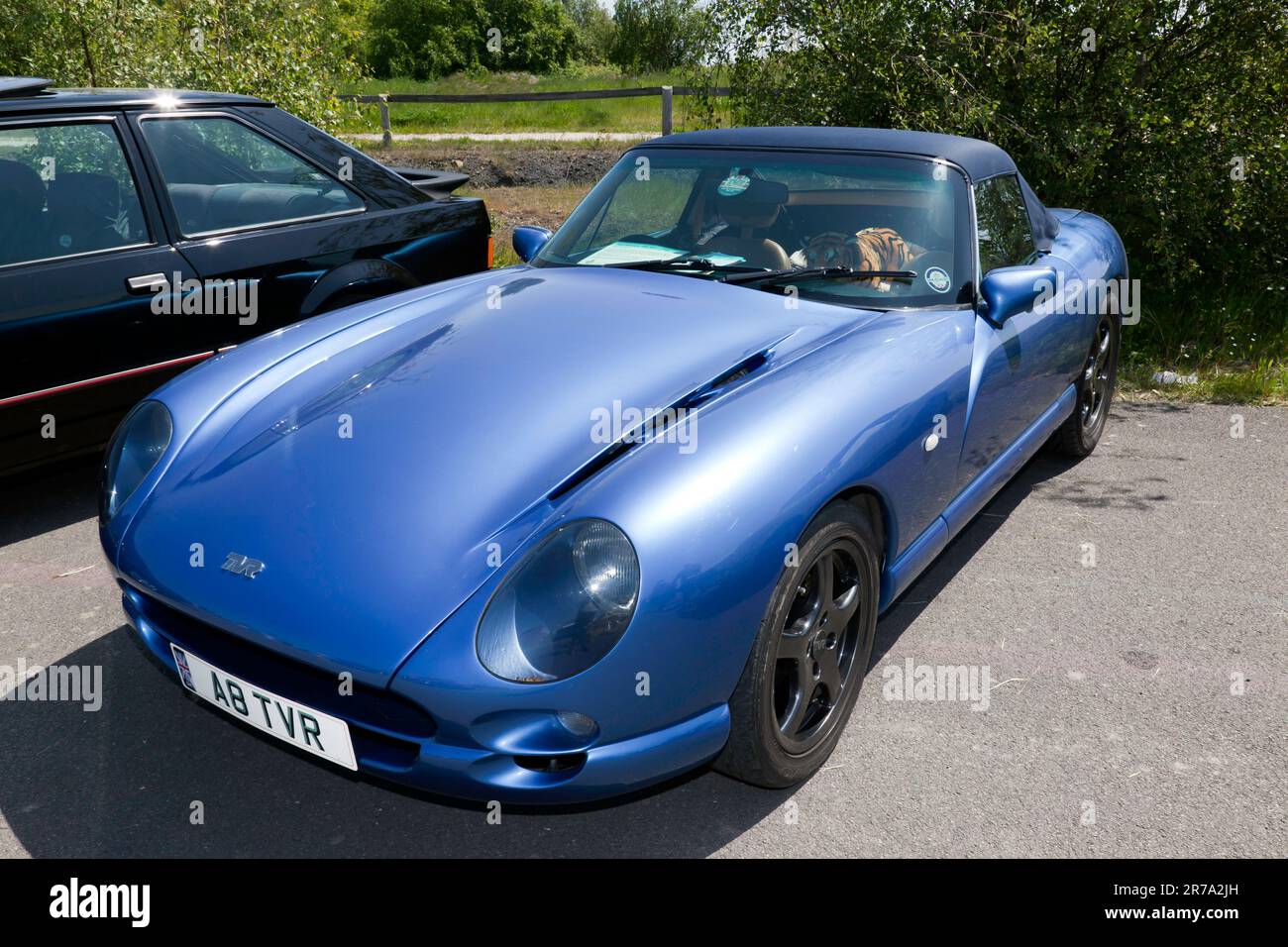 Three-quarters front view of a blue, 2001, TVR Chimaera 450 MkIII, on ...