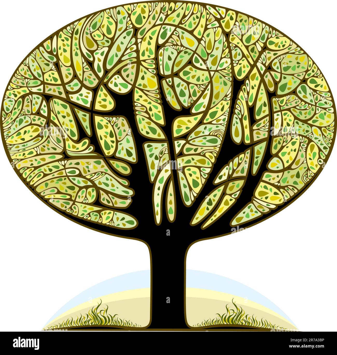 Graphic stylized tree icon with colorful leaves and curly branches ...