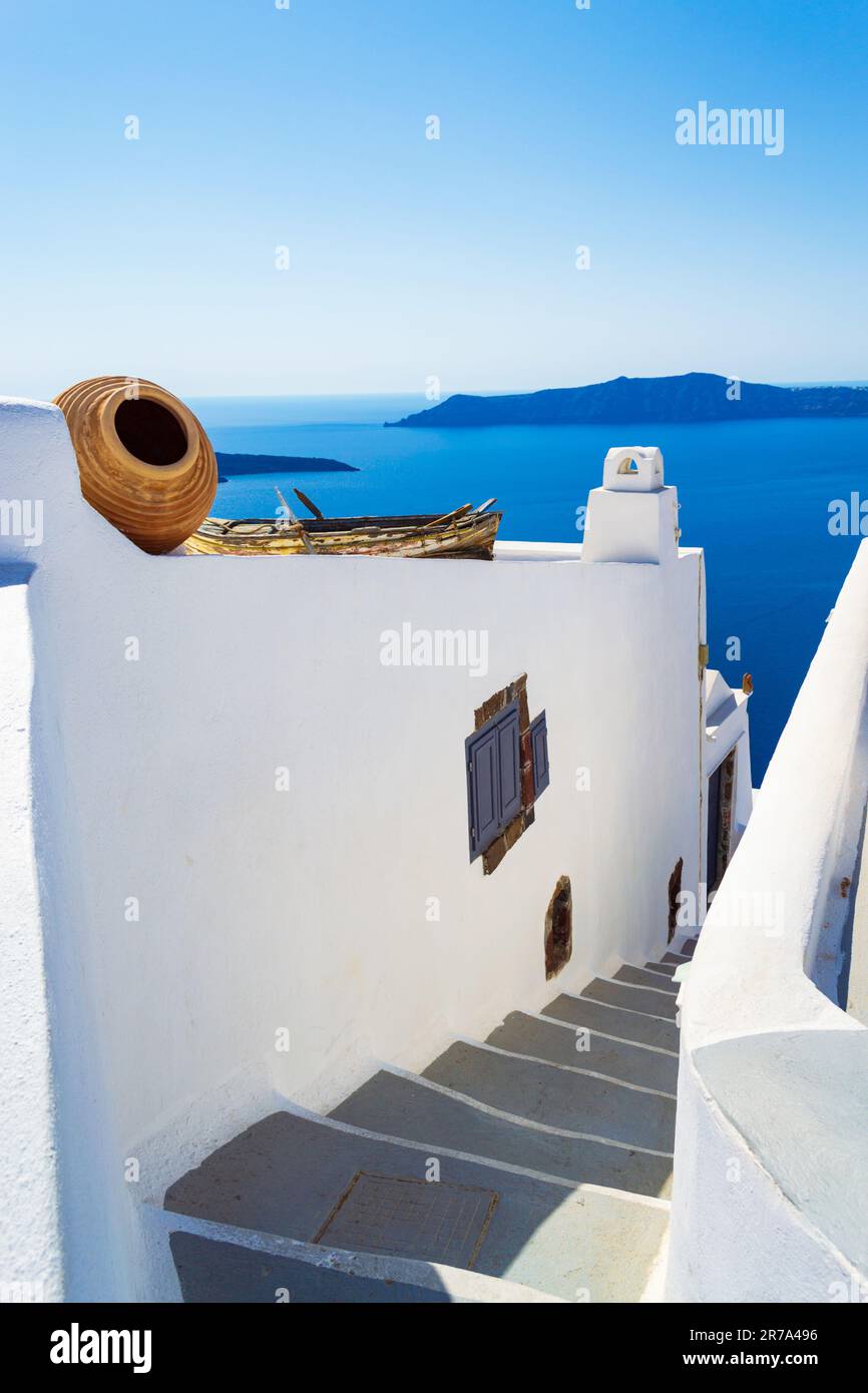 Looking down from stairs in Fira Santorini island,Greece.This is a ...