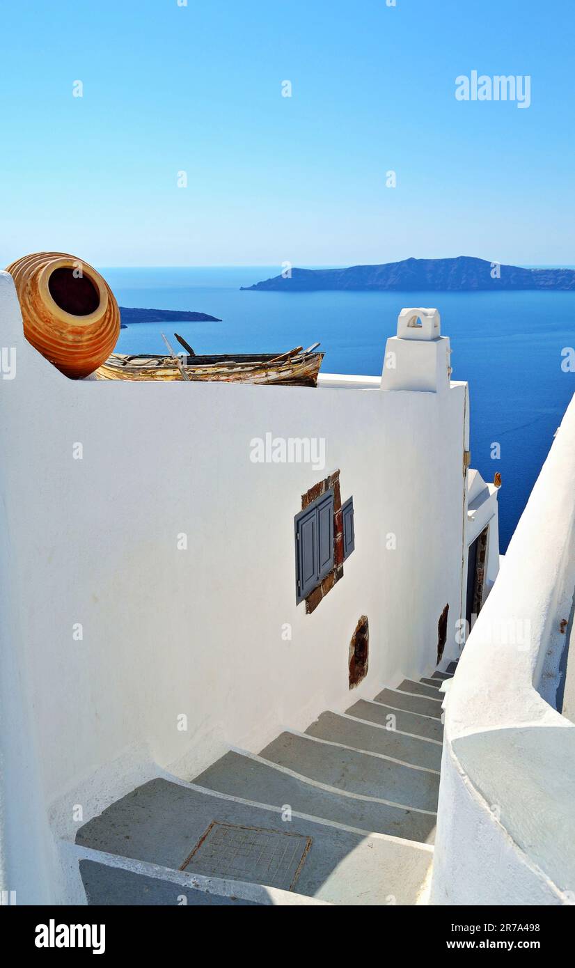 Looking down from stairs in Fira Santorini island,Greece.This is a ...