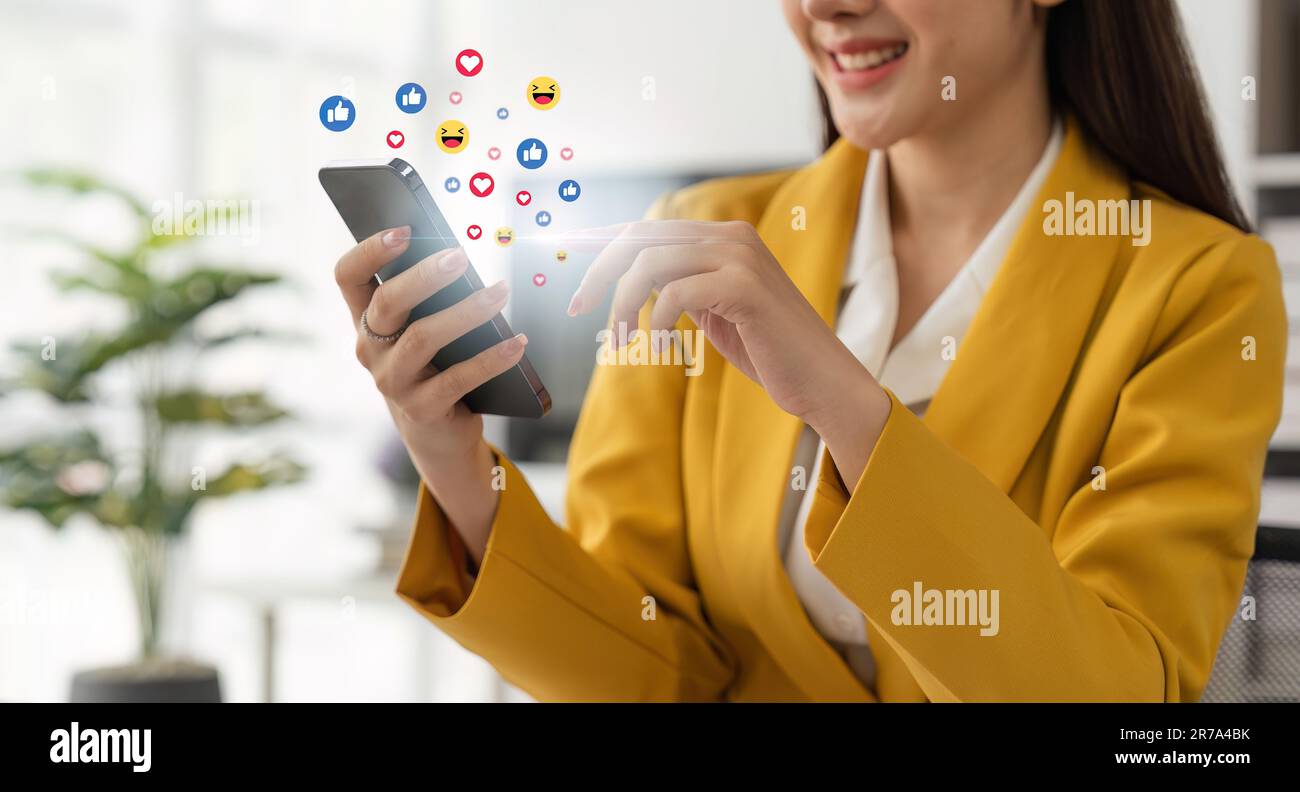 Mobile Application. business woman touching mobile smart phone with ...