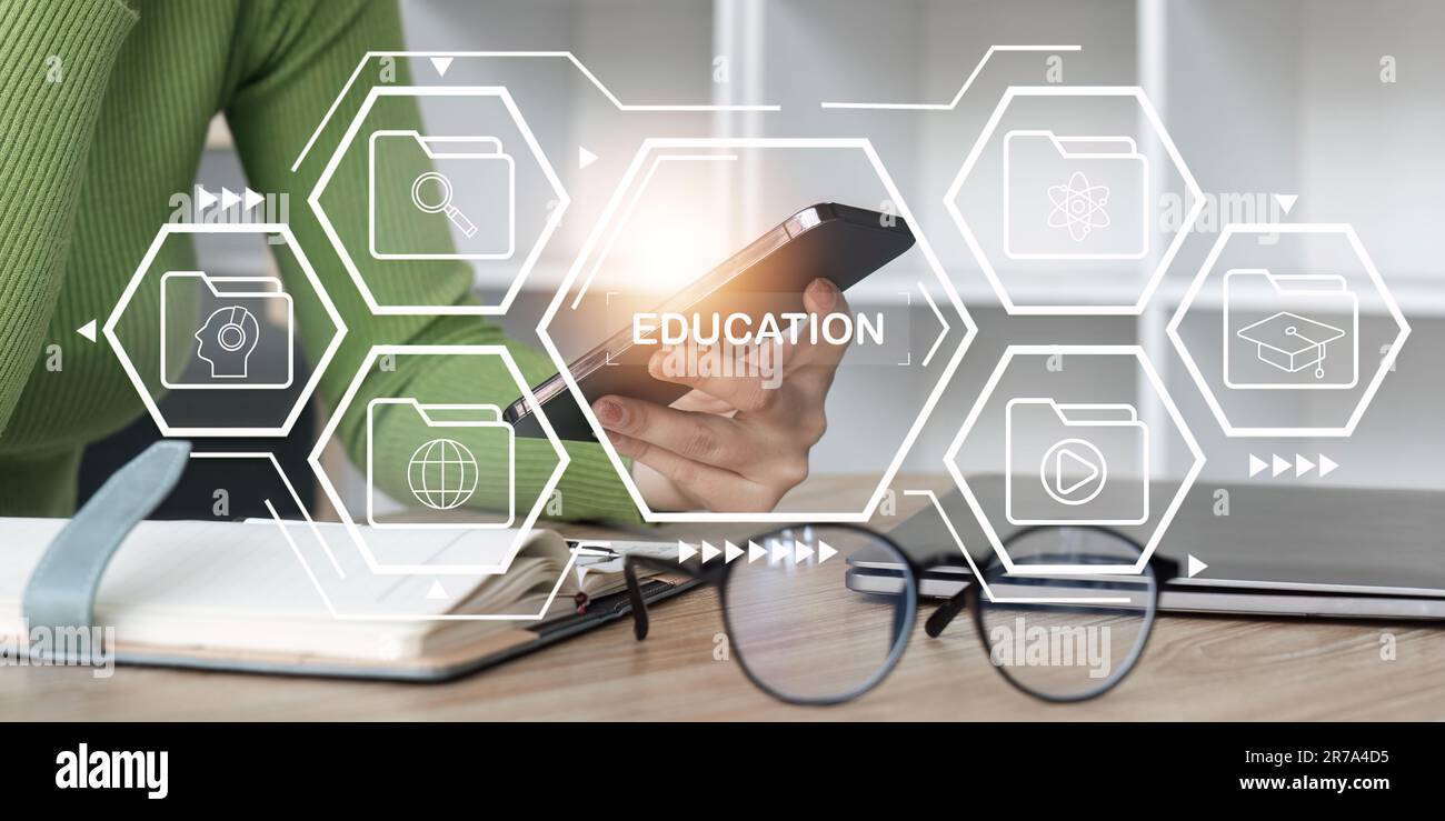 E-Learning concept, Student hand holding a mobile phone and education ...